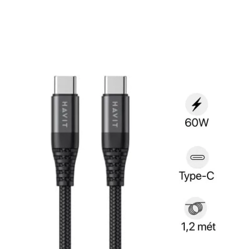 Cáp sạc Havit Type-C to Type-C 60W 1.2m CB6010 chính hãng | Lấy liền