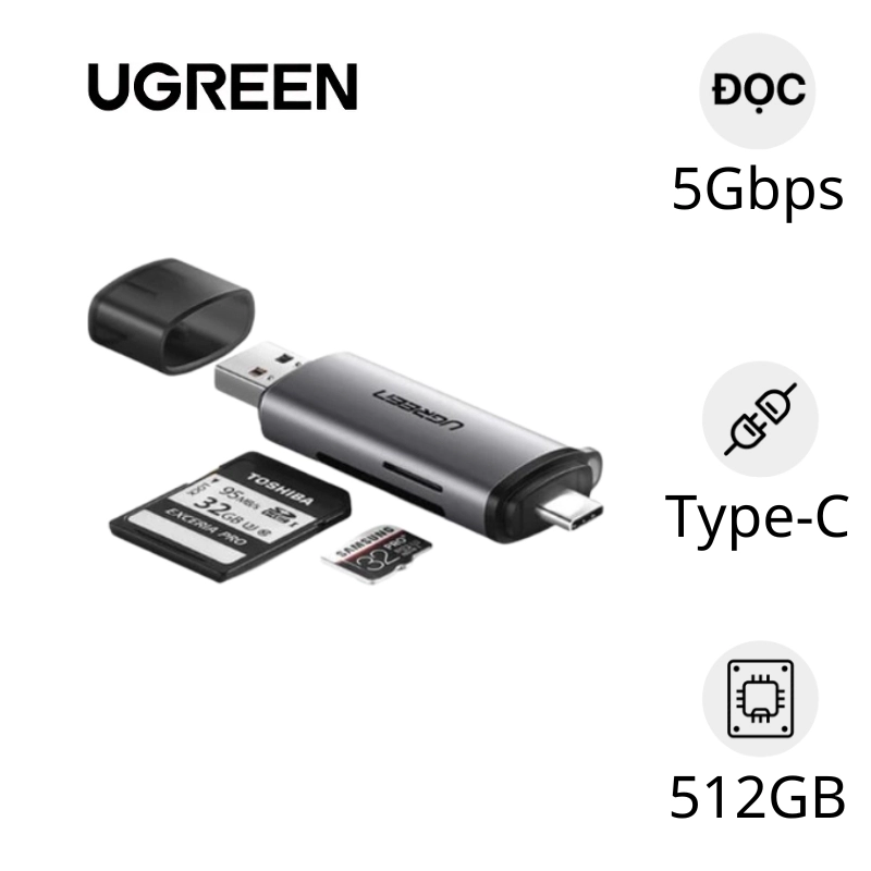 Đầu đọc thẻ nhớ Ugreen Type-C to USB-A 3.0 2 Khe SD Và TF CM185 50706 chính hãng | Lấy liền