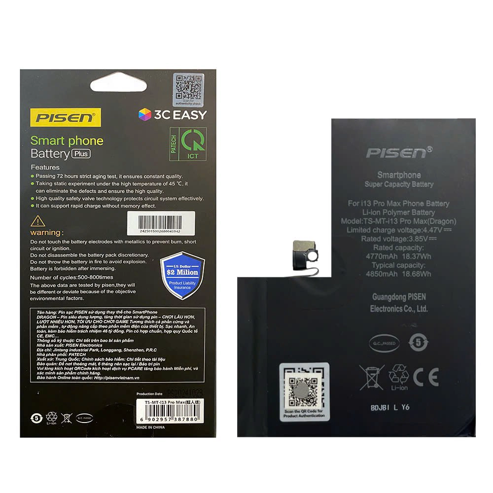 Thay pin dung lượng siêu cao chính hãng Pisen iPhone 13 Pro Max